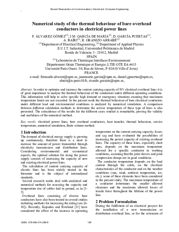 (PDF) Numerical study of the thermal behaviour of bare overhead conductors in electrical power lines