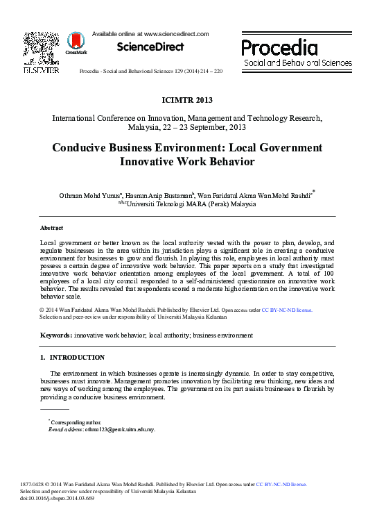 (PDF) Conducive Business Environment: Local Government Innovative Work ...