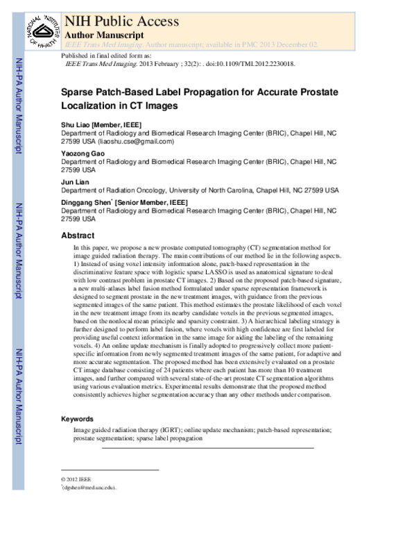 (PDF) Sparse Patch-Based Label Propagation for Accurate Prostate Localization in CT Images