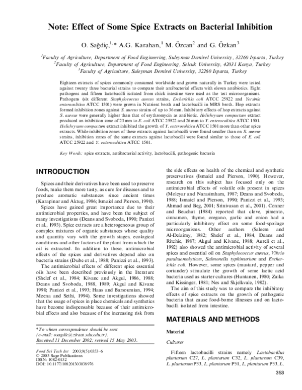 (PDF) Note: Effect of Some Spice Extracts on Bacterial Inhibition
