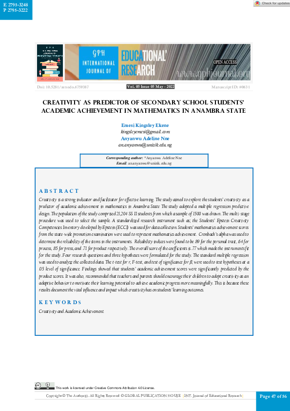 (PDF) Creativity As Predictor of Secondary School Students' Academic Achievement in Mathematics ...
