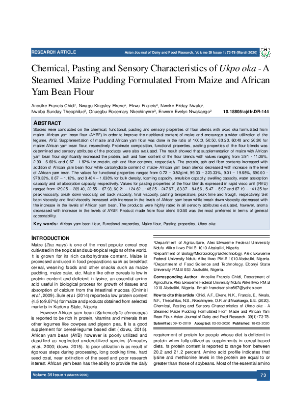 (PDF) Chemical, Pasting and Sensory Characteristics of Ukpo oka - A ...