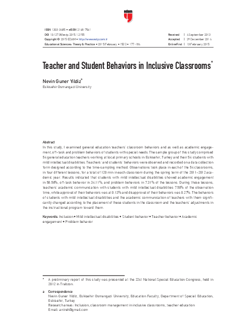 (PDF) Teacher and Student Behaviors in Inclusive Classrooms