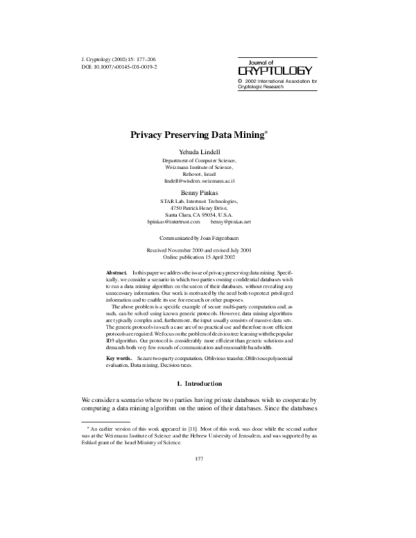 (PDF) Privacy Preserving Data Mining