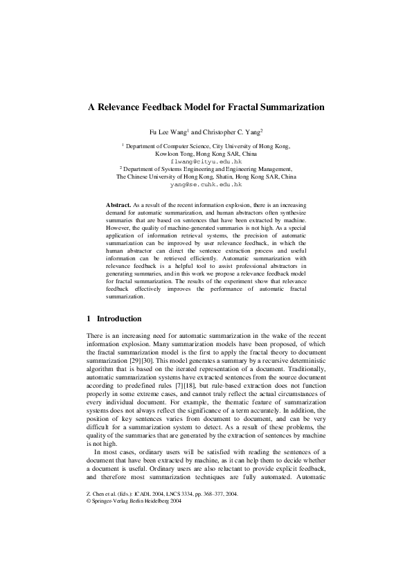 (PDF) A Relevance Feedback Model for Fractal Summarization