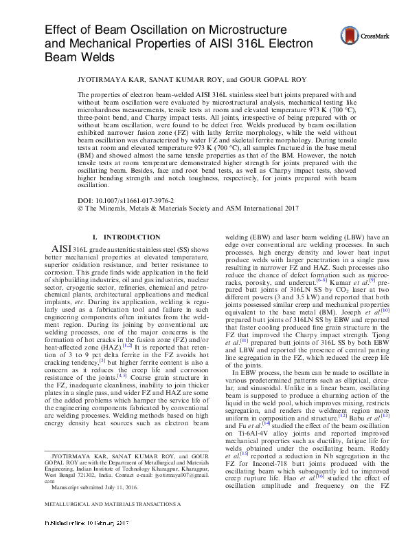 (PDF) Effect of Beam Oscillation on Microstructure and Mechanical Properties of AISI 316L ...