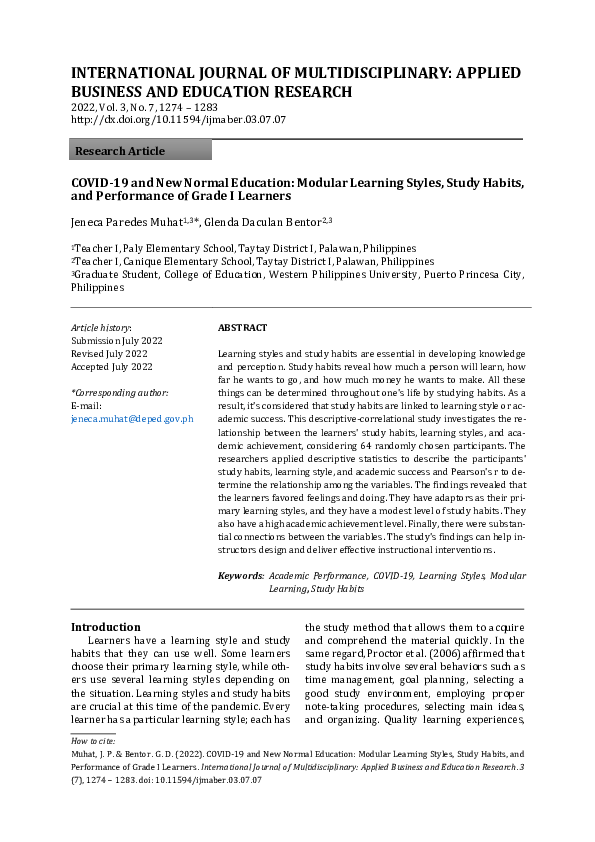 (PDF) COVID-19 and New Normal Education: Modular Learning Styles, Study ...