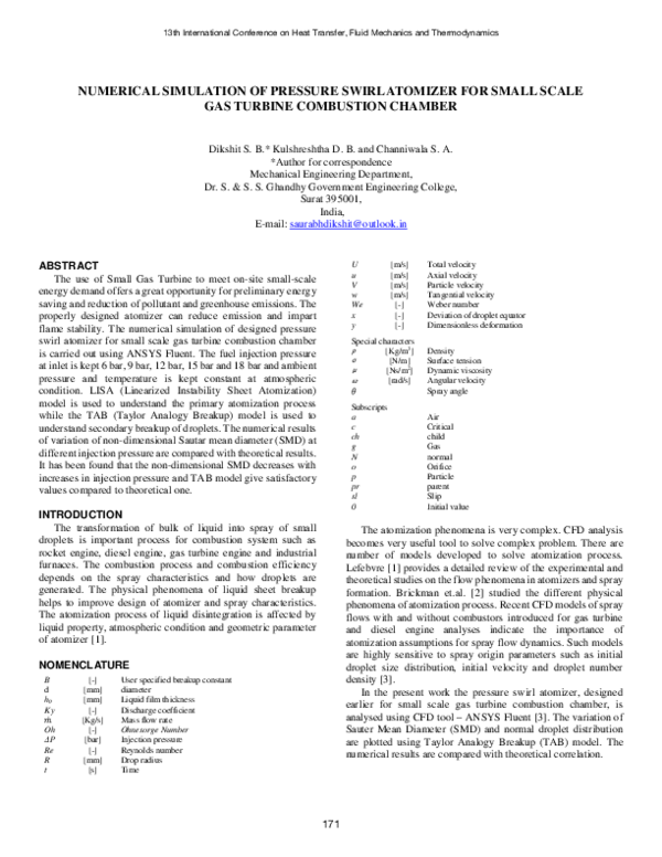 Pdf Numerical Simulation Of Pressure Swirl Atomizer For Small Scale Gas Turbine Combustion Chamber