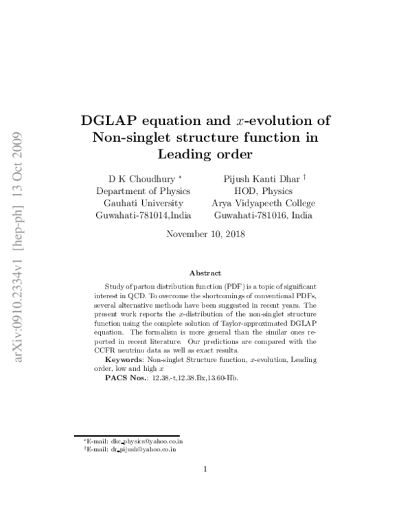 Pdf Dglap Equation And X Evolution Of Non Singlet Structure Function