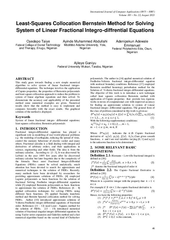(PDF) Least-Squares Collocation Bernstein Method for Solving System of Linear Fractional Integro ...