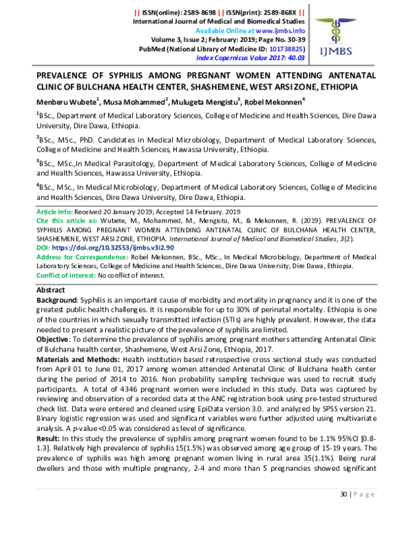 Pdf Prevalence Of Syphilis Among Pregnant Women Attending Antenatal 0498