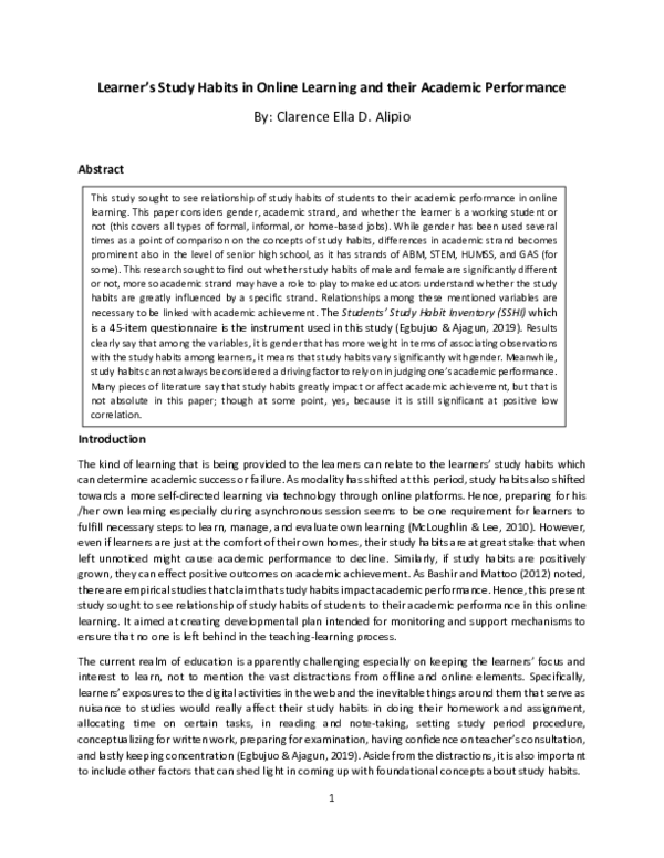 (PDF) Learner's Study Habits in Online Learning and their Academic ...