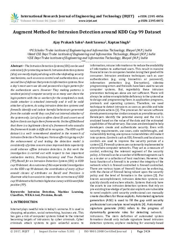 Pdf Augment Method For Intrusion Detection Around Kdd Cup 99 Dataset 