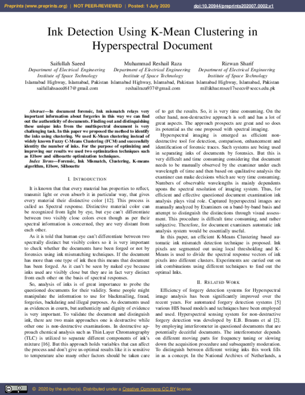 (PDF) Ink Detection Using K-Mean Clustering in Hyperspectral Document | Saifullah Saeed ...