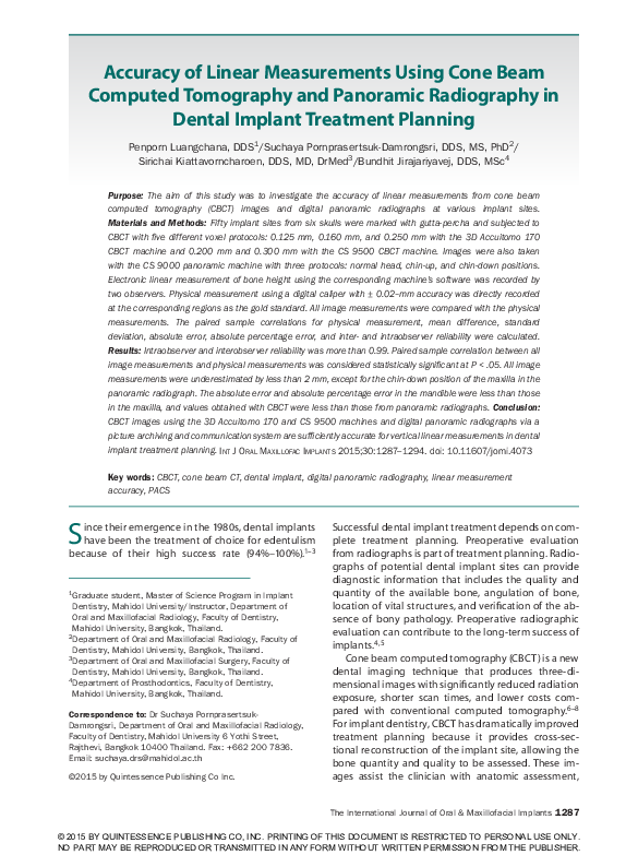 Pdf Accuracy Of Linear Measurements Using Cone Beam Computed Tomography And Panoramic