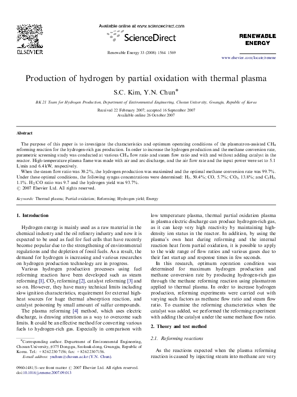 (PDF) Production of hydrogen by partial oxidation with thermal plasma