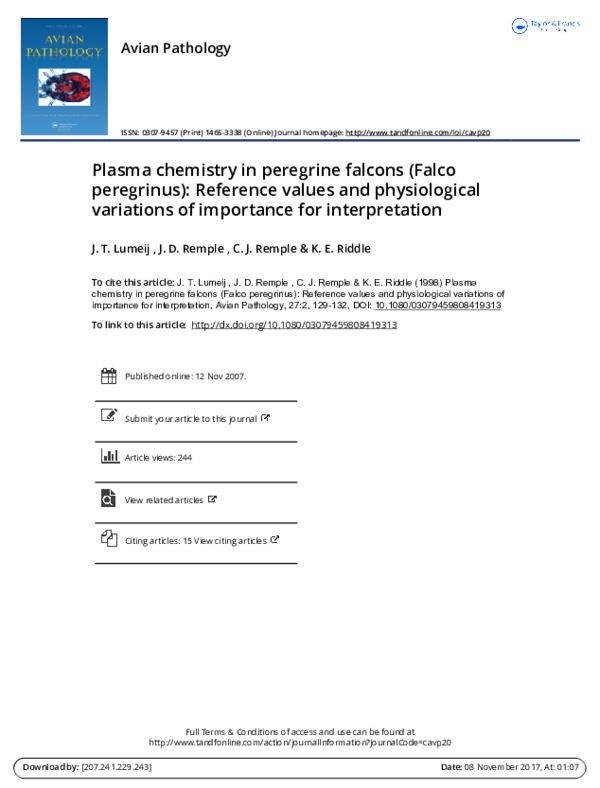 Plasma chemistry in peregrine falcons (Falco peregrinus): Reference ...