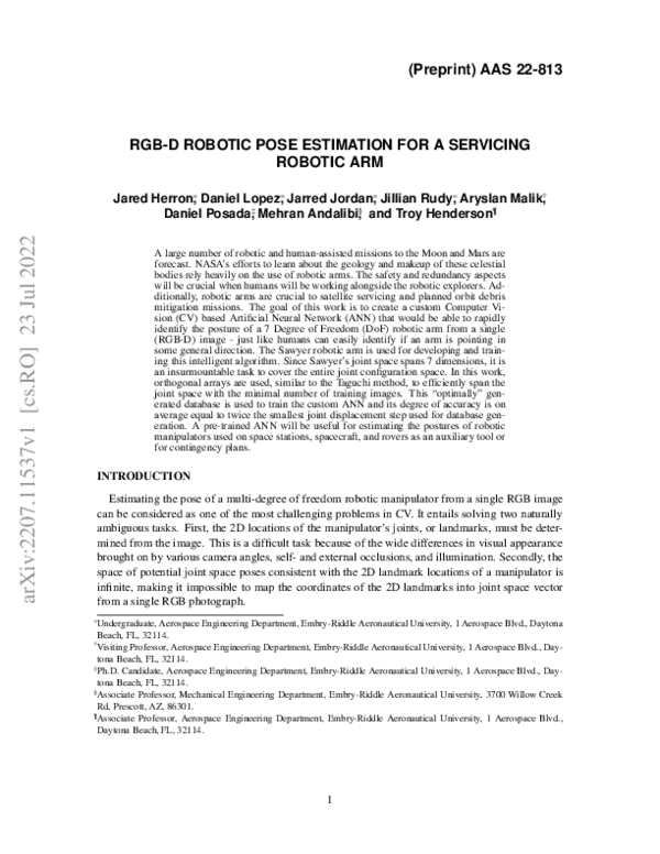 (PDF) RGB-D Robotic Pose Estimation For a Servicing Robotic Arm ...