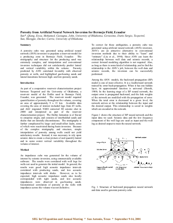 (PDF) Porosity from artificial neural network inversion for Bermejo Field, Ecuador