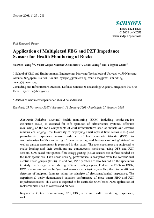 (PDF) Application of Multiplexed FBG and PZT Impedance Sensors for Health Monitoring of Rocks