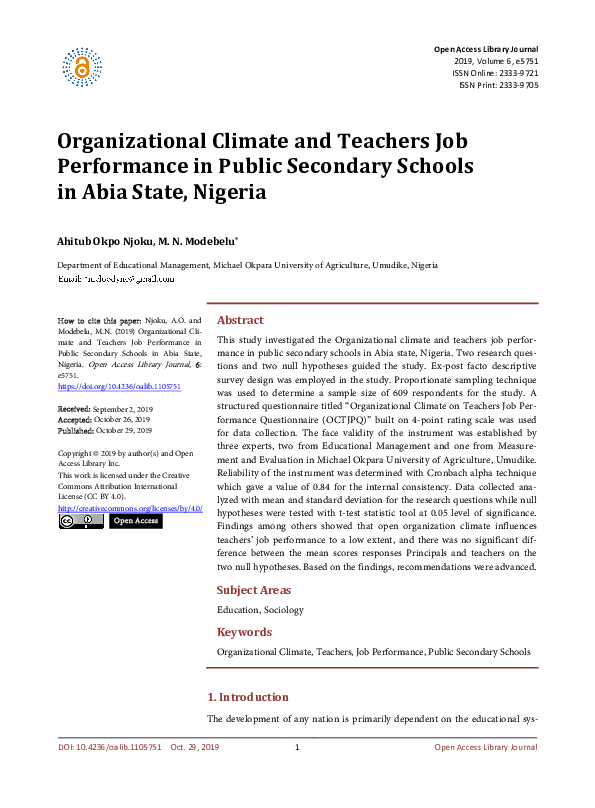 (PDF) Organizational Climate and Teachers Job Performance in Public Secondary Schools in Abia ...