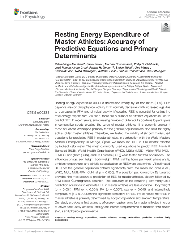 (PDF) Resting Energy Expenditure of Master Athletes: Accuracy of ...