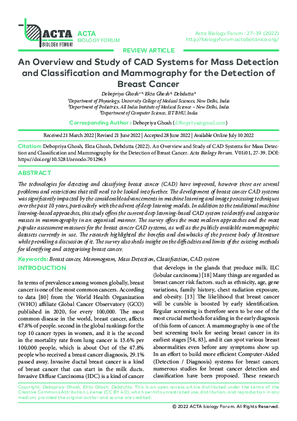 (PDF) An Overview and Study of CAD Systems for Mass Detection and ...