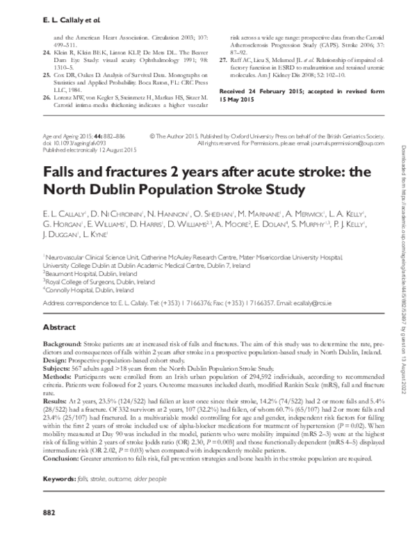 (PDF) Falls and fractures 2 years after acute stroke: the North Dublin ...