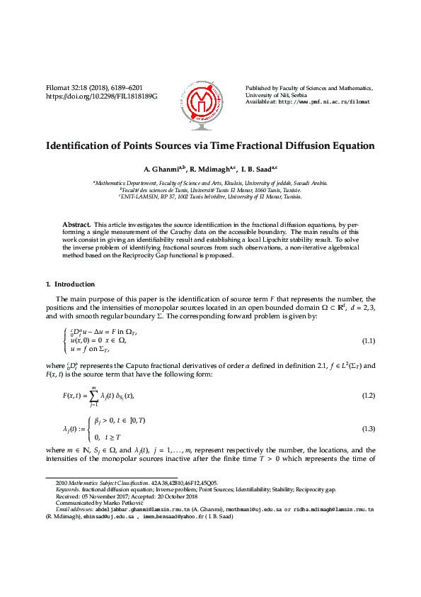 (PDF) Identification of points sources via time fractional diffusion equation