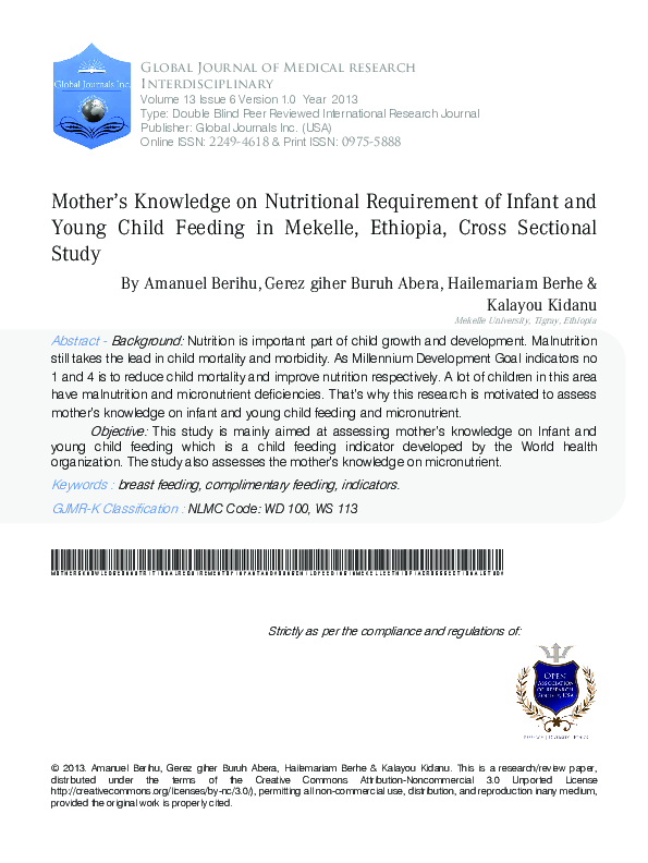 (PDF) Mother’s Knowledge on Nutritional Requirement of Infant and Young ...