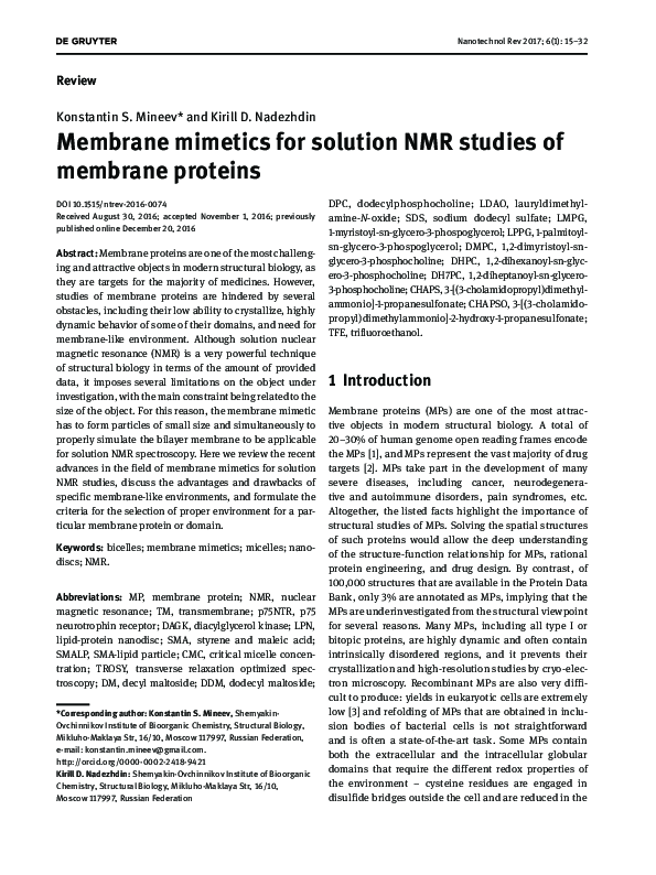 (PDF) Membrane mimetics for solution NMR studies of membrane proteins