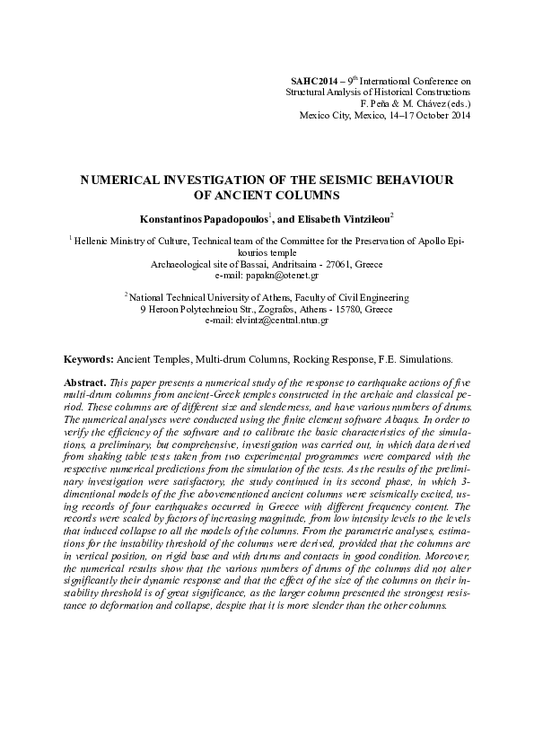 Pdf Numerical Investigation Of The Seismic Behaviour Of Ancient Columns