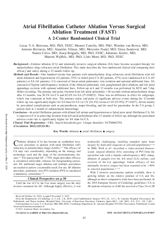 (PDF) Atrial Fibrillation Catheter Ablation Versus Surgical Ablation Treatment (FAST)