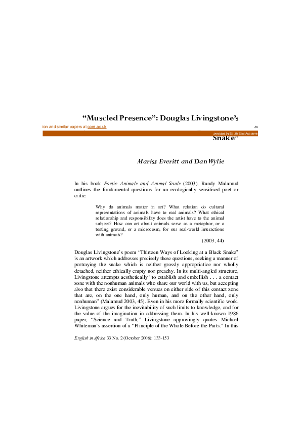 (PDF) “Muscled Presence”: Douglas Livingstone\'s poem “Thirteen Ways of ...