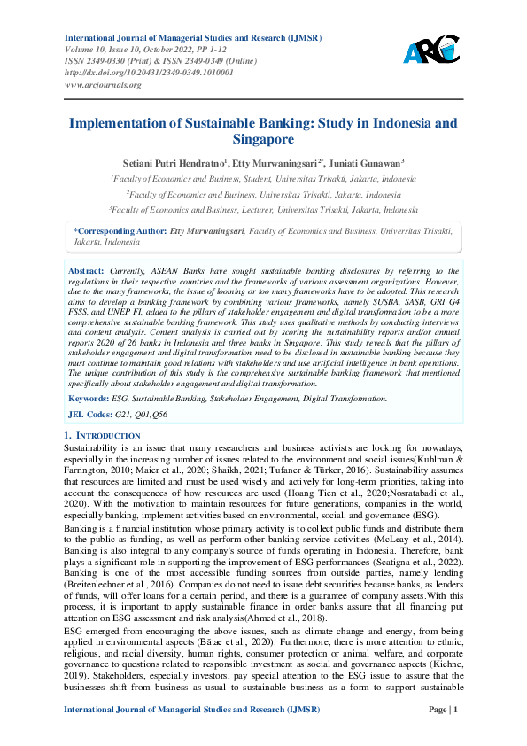 (PDF) Implementation of Sustainable Banking: Study in Indonesia and ...