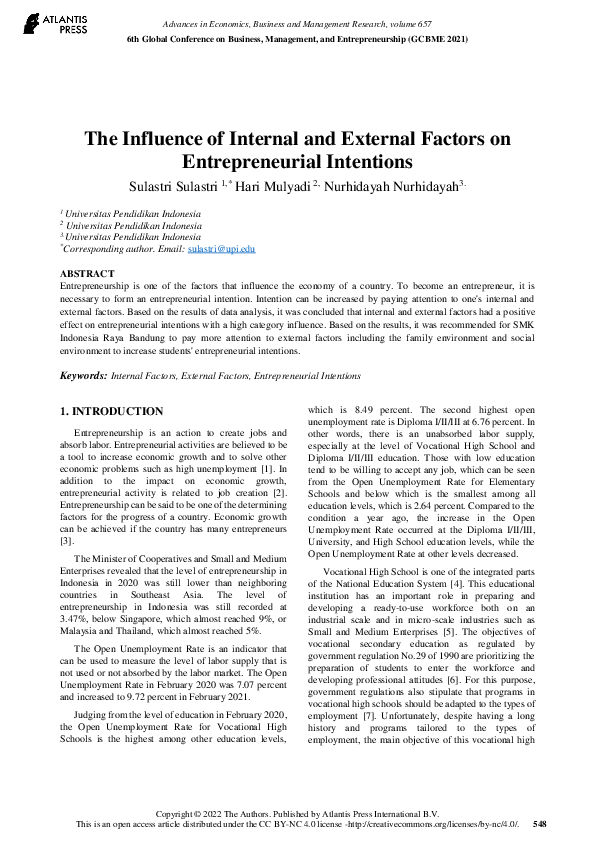 (PDF) The Influence of Internal and External Factors on Entrepreneurial ...