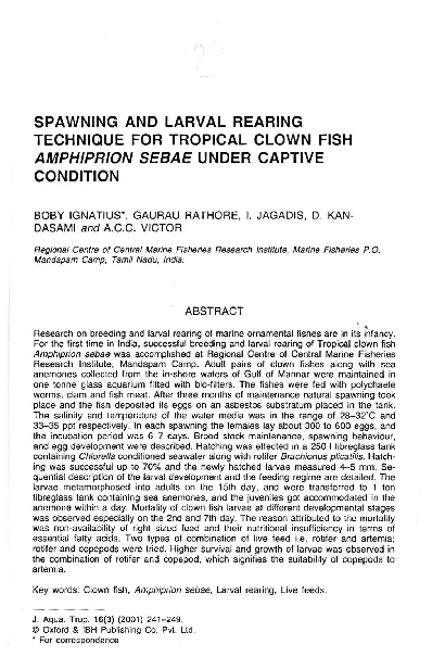 (PDF) Spawning and larval rearing technique for tropical clown fish ...