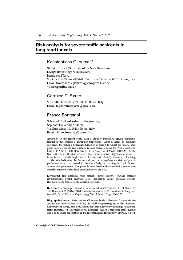 (PDF) Risk analysis for severe traffic accidents in long road tunnels