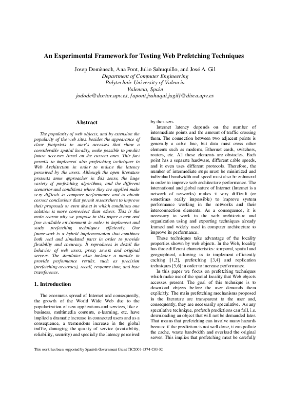 Pdf An Experimental Framework For Testing Web Prefetching Techniques Pep D Codina