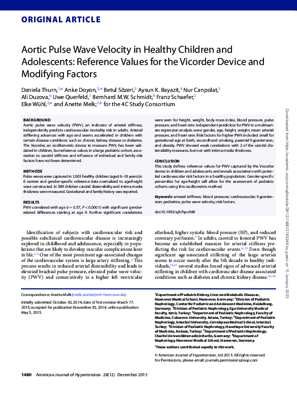 (PDF) Aortic Pulse Wave Velocity in Healthy Children and Adolescents ...