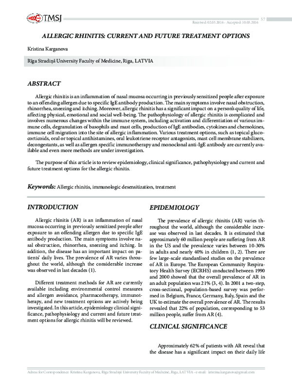 (PDF) Allergic Rhinitis: Current and Future Treatment Options