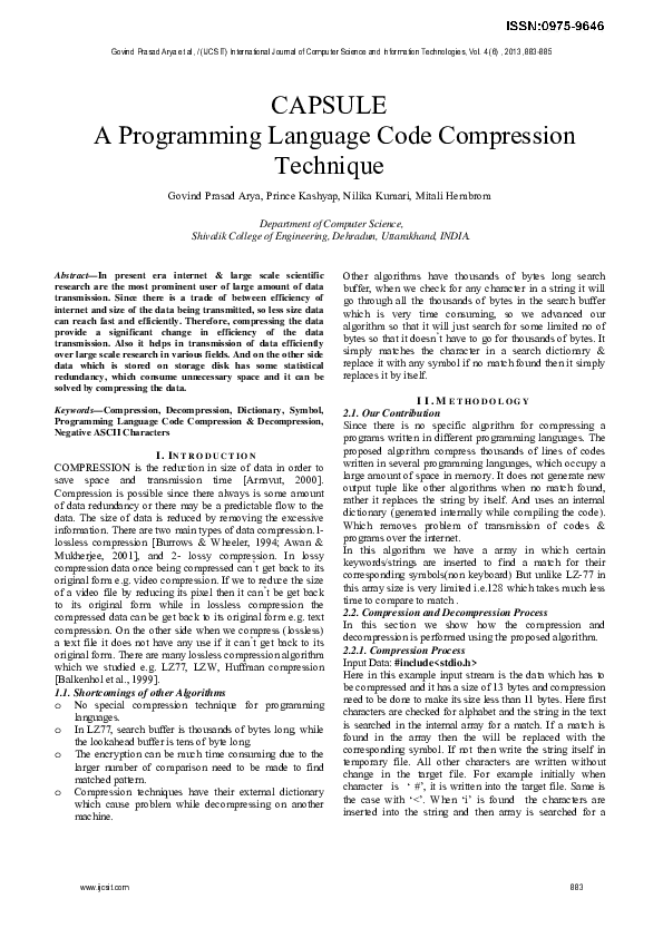 (PDF) CAPSULE A Programming Language Code Compression Technique