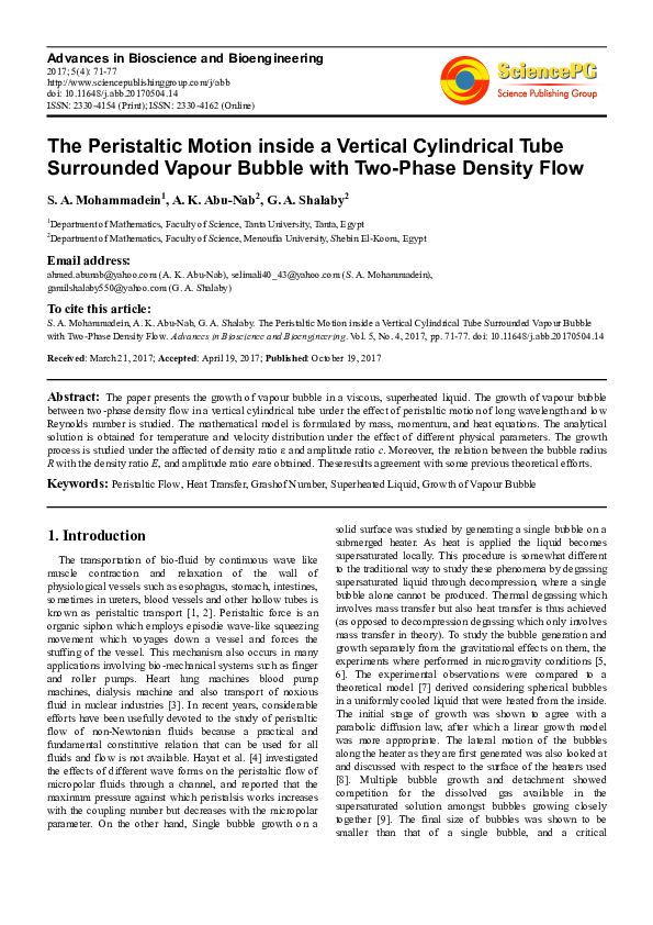 (PDF) The Peristaltic Motion inside a Vertical Cylindrical Tube ...
