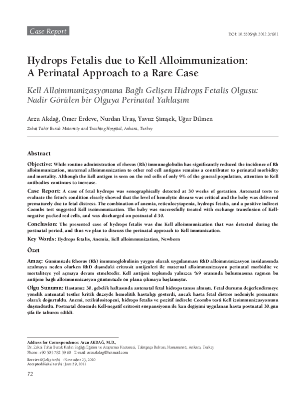 (PDF) A case of Hydrops fetalis due to Kell alloimmunization: A ...