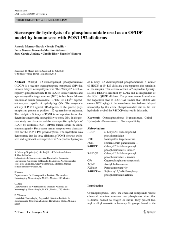 (PDF) Stereospecific hydrolysis of a phosphoramidate used as an OPIDP model by human sera with ...