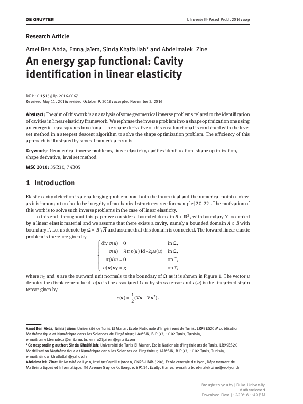 (PDF) An energy gap functional: Cavity identification in linear elasticity