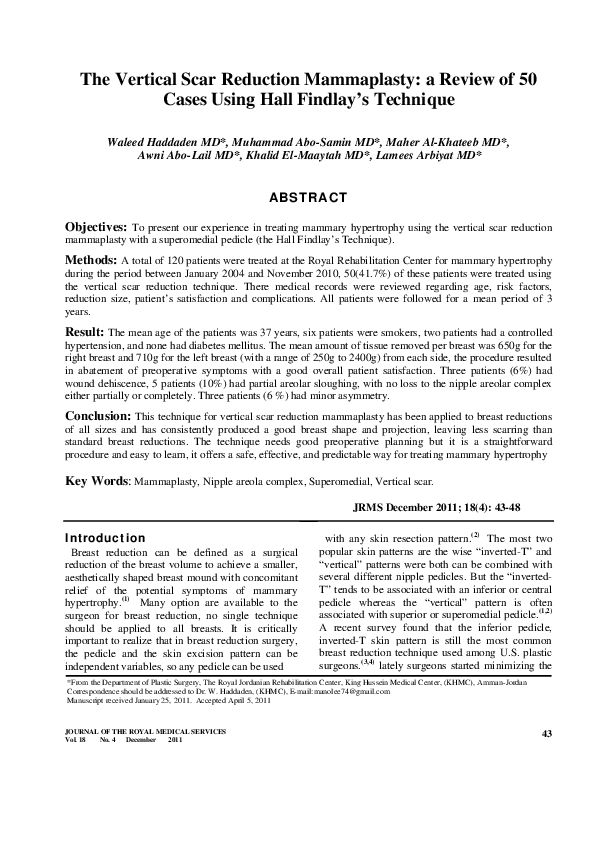 (PDF) The Vertical Scar Reduction Mammaplasty: a Review of 50 Cases ...