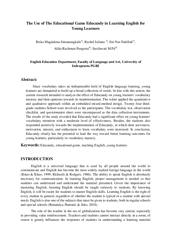 (PDF) The Use of The Educational Game Educandy in Learning English for Young Learners