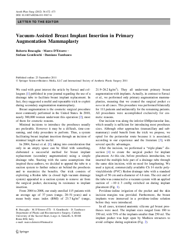 (PDF) Vacuum-Assisted Breast Implant Insertion in Primary Augmentation ...