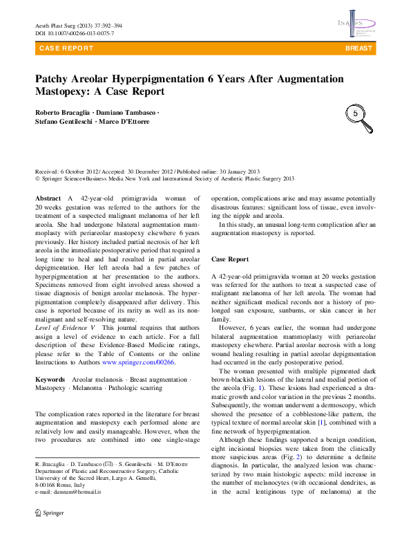 (PDF) Patchy Areolar Hyperpigmentation 6 Years After Augmentation ...